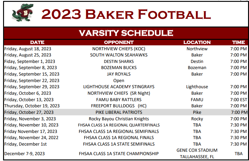 Baker Varsity Football Schedule | Baker School