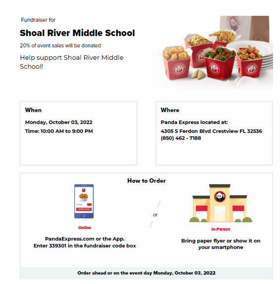 Panda Express Fundraiser October 3rd | Shoal River Middle School